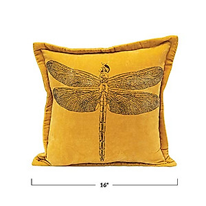 Creative Co-Op Cotton Velvet Printed Dragonfly, Mustard Color Pillow, Gold