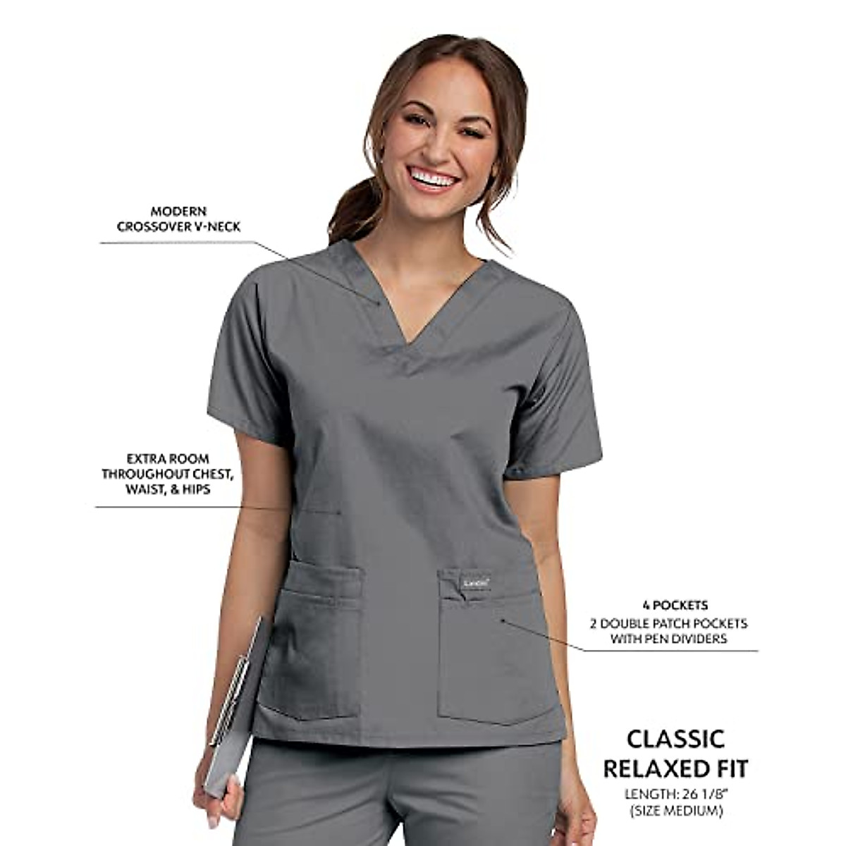 Landau Essentials Relaxed Fit 4-Pocket V-Neck Scrub Top for Women 8219 Steel Grey