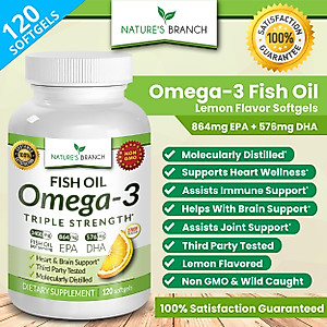Best Triple Strength Omega 3 Fish Oil Pills 2400mg | 120 Capsules | Burpless High Potency Lemon Flavor | 864mg EPA 576mg DHA Ultra Pure Liquid Softgels | Brain Joints Eyes Hair Heart Health Supplement