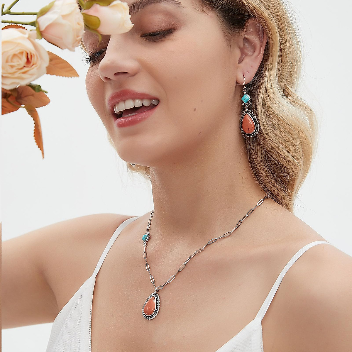 Colloca Orange Spiny Oyster Earrings for Women, Turquoise Orange Teardrop Earrings, Western Bohemian Drop Dangle Earrings, Jewelry Gift box Included