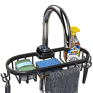 AIVIIN Aluminum Faucet Sponge Hook Holder for Kitchen Sink, Adjustable Detachable Over Aluminum Rack Caddy Organizer for Bathroom, Scrubbers, Compatible with Faucets 0.25-1 Inches in Diameter, Black
