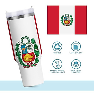 40 Oz Peru State Flag Stainless Steel Tumbler with Straw and Handle Fall Insulated Tumbler