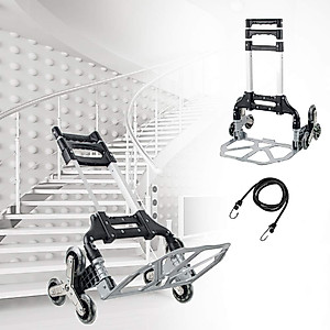 Stair Climbing Cart Portable Folding Stair Climber Hand Truck Trolley Aluminum Alloy 3–Level Height Adjustable with 6 Crystal Wheels and Climbing Ropes for Supermarket Home