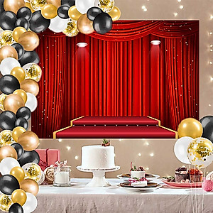 EMTOBT 7x5ft Theater Stage Backdrop Red Velvet Curtain Glittering Gold Star Spot Lights Kids Children Adult Family Birthday Carnival Baby Party Cake Table Vinyl Banner Supplies BJRLEM1560