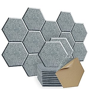 SHJADE Acoustic Panels Hexagon Self-Adhesive, 12 Pack Soundproof Wall Padding, 12" X 10" X 0.4" Absorption Panel Used in Home and Offices(Grey)