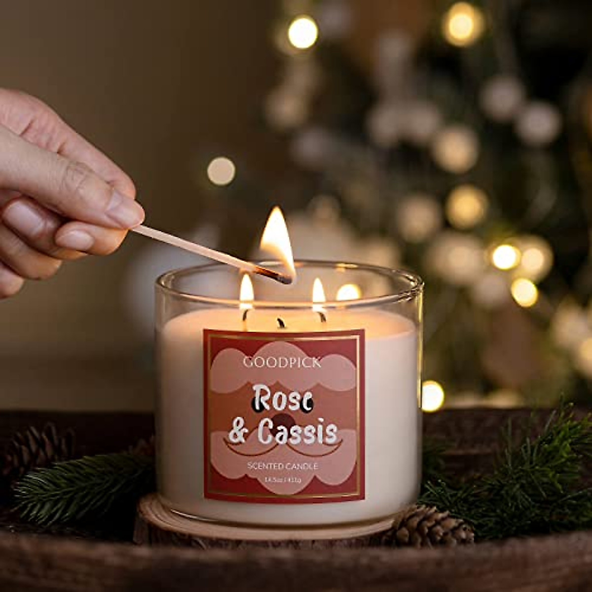Goodpick Rose Scented Candles, Christmas Santa Candle Gift, Big Candles for Home Scented, Large Soy Candle for Living Room, 3 Wick Candles, 45 Hour Burn Time, 14.5 Oz, Includes Lid