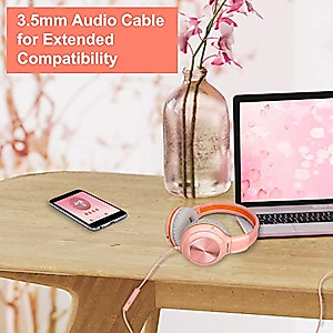 SIMOLIO Girls Wired Headphones with Microphone, 85dB 94dB 104dB Volume Limited Foldable Lightweight Headset with Share Jack & Bag for Kids Children School Cellphones Tablet Laptop PC