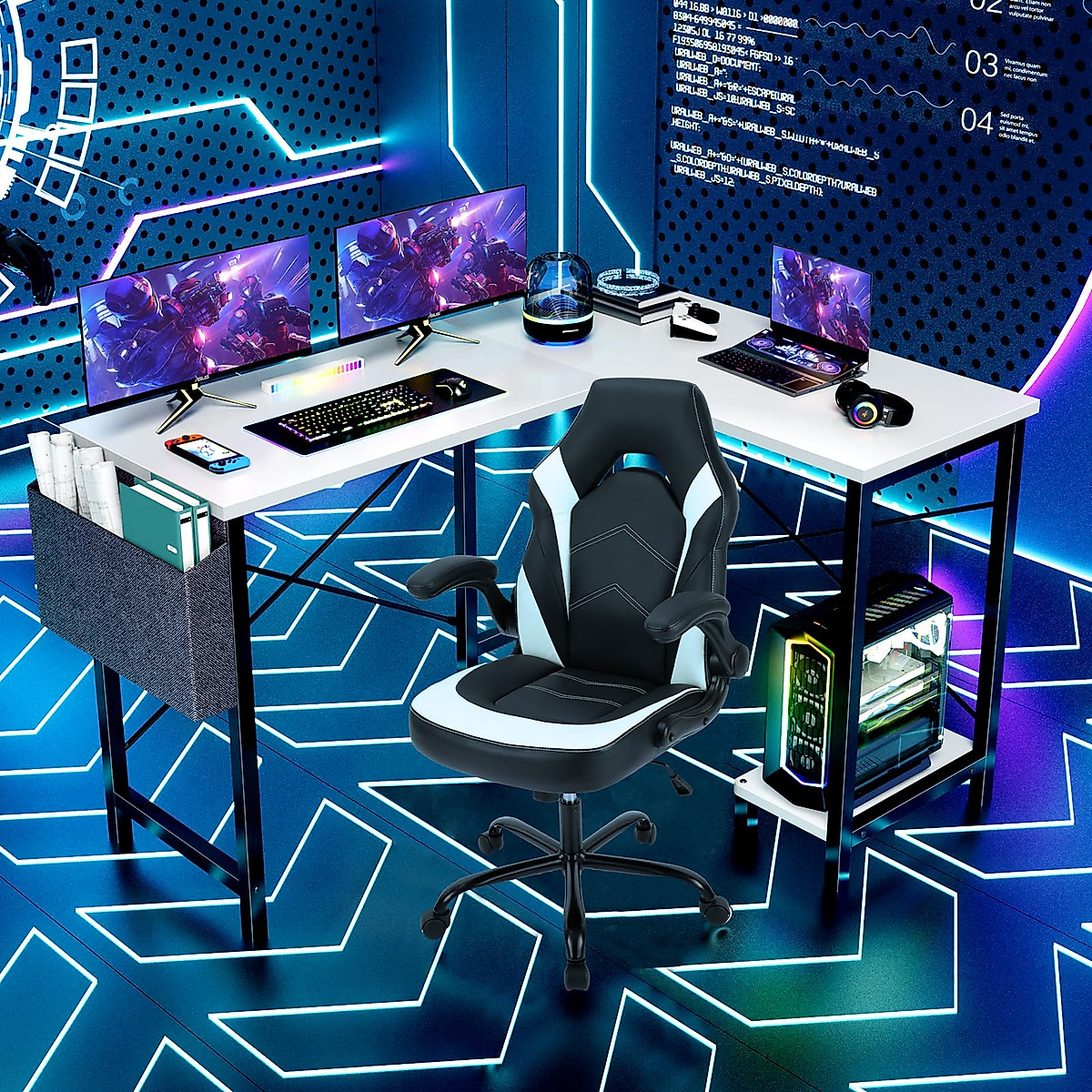 Sweetcrispy L Shaped Desk Gaming Computer 50 Inch Reversible Corner White Table PC Work Table for Writing Study Student with Wood Tabletop Metal Frame CPU Stand Side Bag for Home Office Small Place