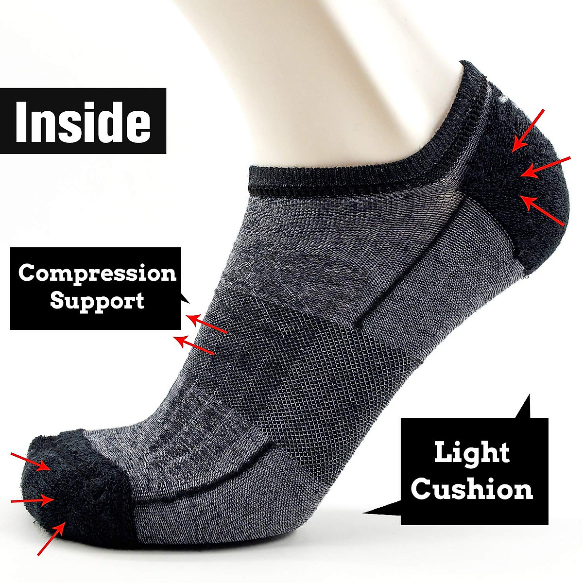 Busy Socks Women's Merino Wool No Show Socks, No Blister Funny Hidden Long Distance Running Marathon Fitness Tennis Golf Gym Wool Socks, 6 Pairs, Medium, Black