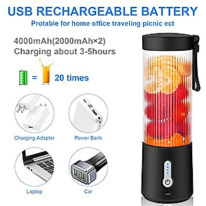 Portable Personal Size Blender - 15.2Oz USB Rechargeable 4000mAh Mini Blender | 6 Blades For Shakes and Smoothies Juicer with BPA-Free Plastic Cup | Portable Mixer For Sport Outdoor Travel Blender