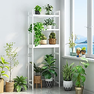 Bamboo Over-The-Toilet Storage Rack, 3-Tier Bathroom Organizer Over Toilet with 6 Hooks, Bathroom Freestanding Shelf for Home, Kitchen, 24.4” L X 10.24” W X 64.17” H, White