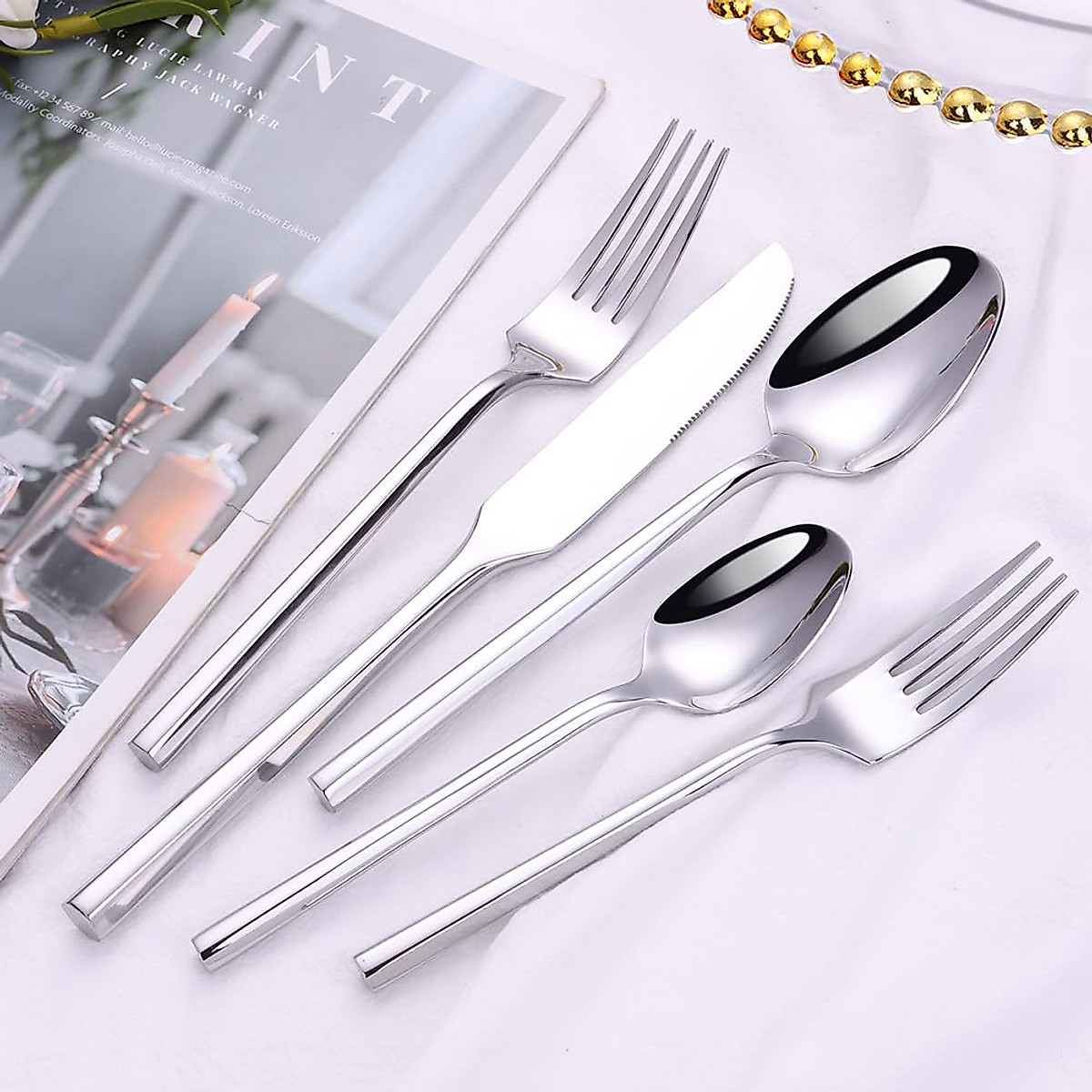 Aimilan 20 Piece Flatware Set Service for 4, 18/10 Stainless Steel Hexagonal diamond Handle Silverware Set, Thickened tableware Cutlery Set, Mirror Polished, Dishwasher Safe