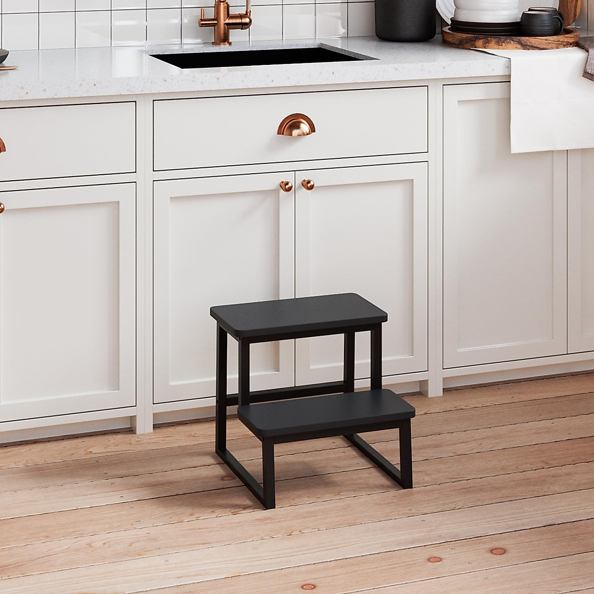 iTsst Step Stool for Adults Kids,Heavy Duty Sturdy Two Step Stool with 500LBS Capacity for Kichen Bathroom High beds, Wooden&Metal Frame, Non-Slip Rubber Pads