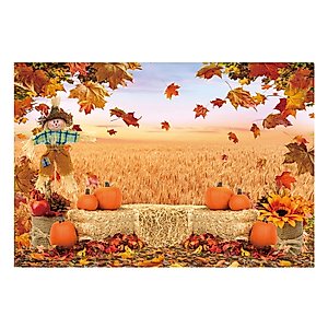 Funnytree 7X5FT Fall Backdrop Autumn Pumpkin Harvest Thanksgiving Hay Maple Leaves Background Baby Shower Birthday Party Decor Portrait Studio Photobooth Photography Props Gift Supplies Yellow