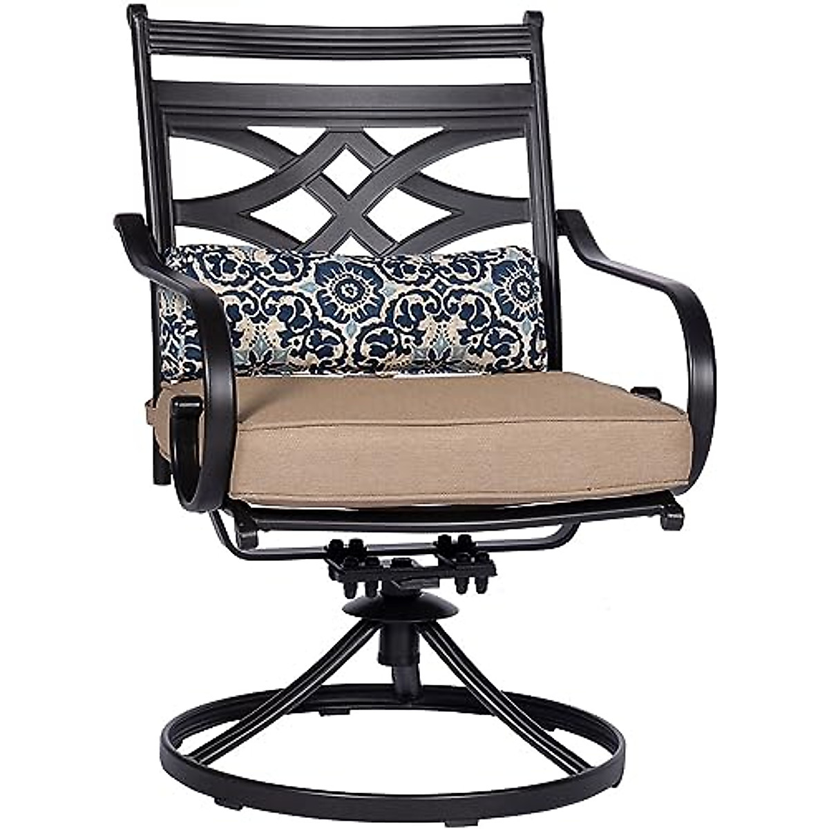 Hanover Montclair 3-Piece All-Weather Outdoor Patio Bistro Dining Set, 2 Swivel Rocker Chairs with Comfortable Seat and Lumbar Cushions, 27" Square Stamped Rectangle Table, Tan