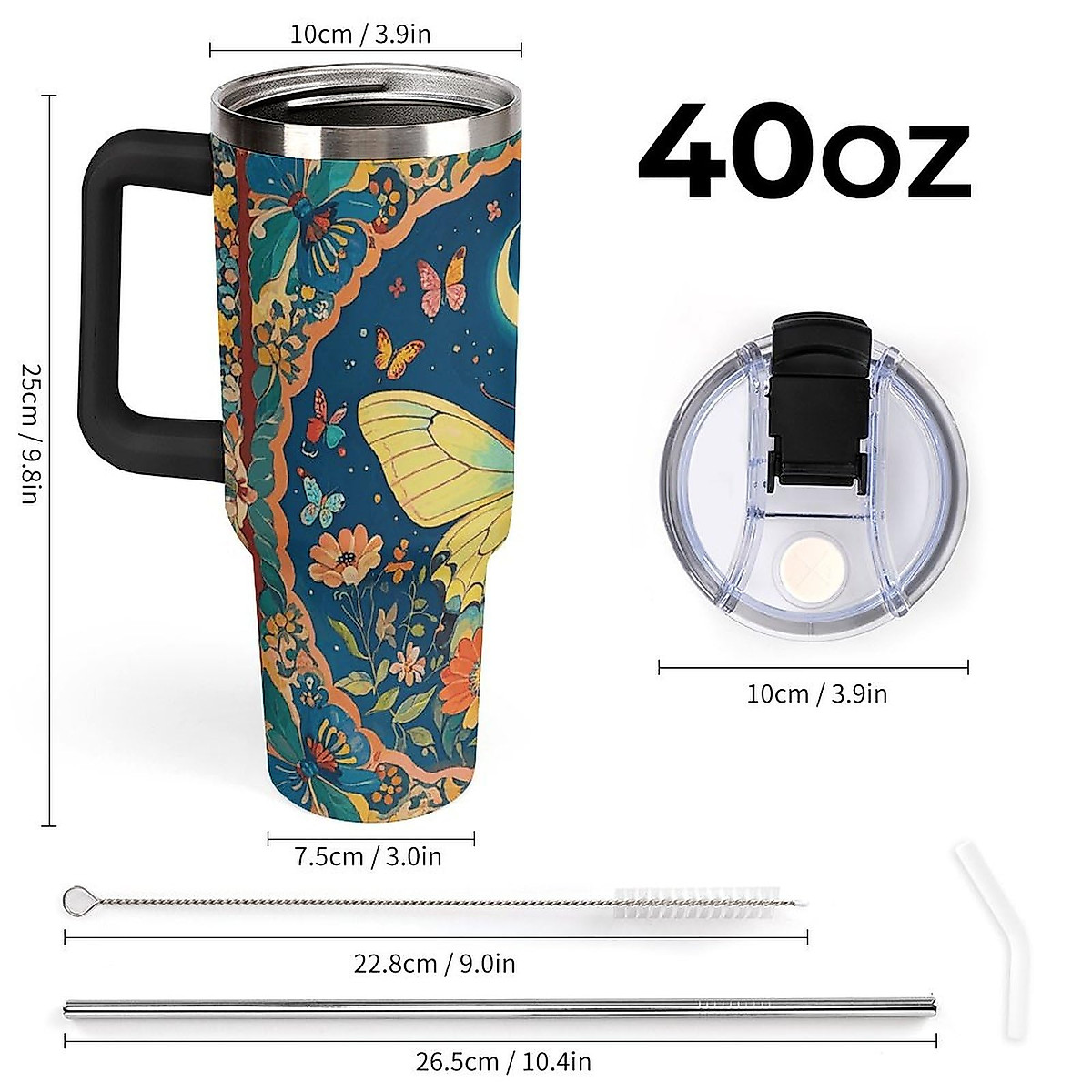 FZQVSGW Butterfly Flower Tapestry 40 Oz Tumbler with Handle And Straw Stainless Steel Vacuum Insulated Tumblers Reusable Keep Drinks Cold Coffee Cup Holder Friendly Gifts for Women Men Car Gym Travel