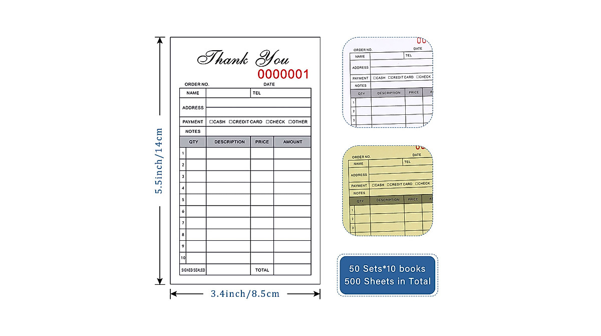 10 Pack Thank You Receipt Book, 3.4x5.5" Handheld 2-Part Carbonless ...