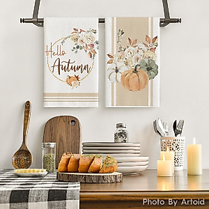 Artoid Mode Fall Pumpkin Flower Vases Kitchen Towels Dish Towels, 18x26 Inch Seasonal Autumn Thanksgiving Ultra Absorbent Bar Tea Hand Towel Set of 4