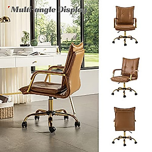 HULALA HOME Faux Leather Home Office Desk Chair, Adjustable Swivel Computer Chair with Golden Legs and Arms, Comfy Upholstered Task Chair,Camel