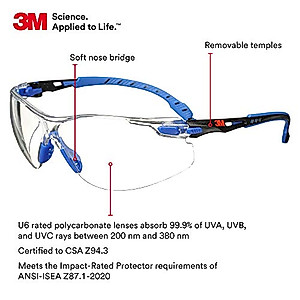 3M Safety Glasses Solus 1000 Series ANSI Z87 Scotchgard Anti-Fog Clear Lens Low Profile Blue/Black Frame