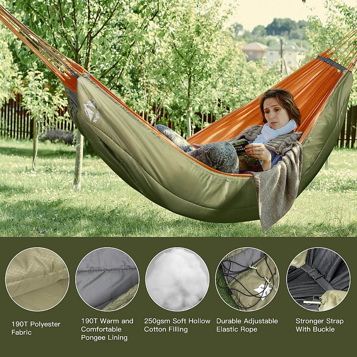 Night Cat Hammock Underquilts Sleeping Bag Single Insulated Under Blanket for Hammock 4 Seasons Lightweight Soft Warm 5-20℃ 8x3.6ft Army Green