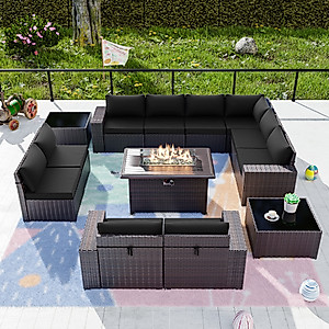 Kullavik 13 Pieces Outdoor Patio Furniture Set with 43" 55000BTU Gas Propane Fire Pit Table PE Wicker Rattan Sectional Sofa Patio Conversation Sets,Black
