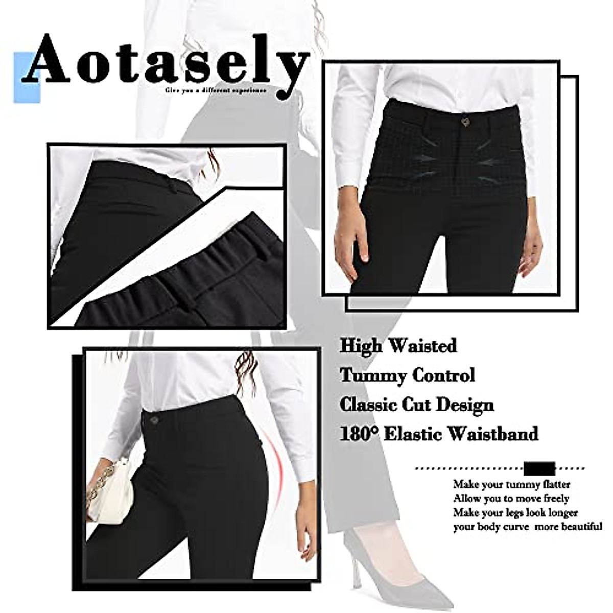 Aotasely Women's Dress Pants Stretch Bootcut Slacks Business Casual High Waisted Drapey Wrinkle Resistant Fabric Black