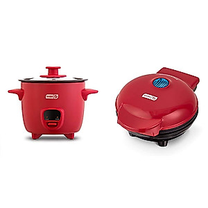 Dash DRCM200GBRD04 Mini Rice Cooker Steamer, Red & Mini Maker Portable Grill Machine + Panini Press with Recipe Guide - Red