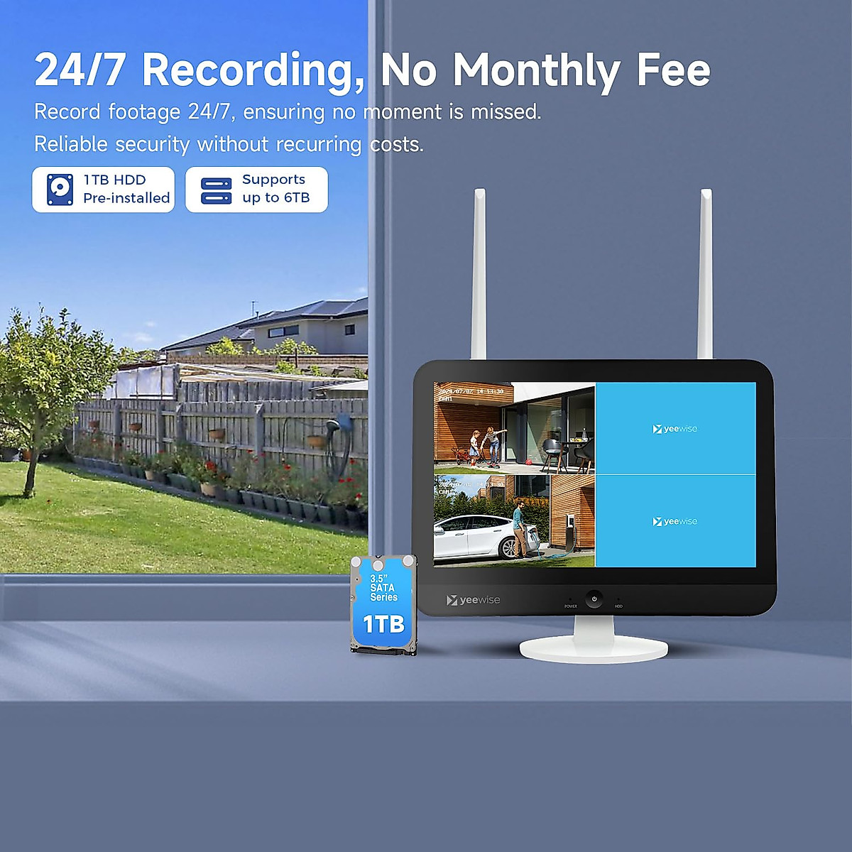 YEEWISE 2K Wi-Fi 6 Wireless Security Camera System with Monitor, Dual Lens WiFi Security Cameras with 360° Pan Tilt and Auto Tracking, 16CH NVR with 1TB HDD, 5G&2.4G WiFi, Plug-in Power