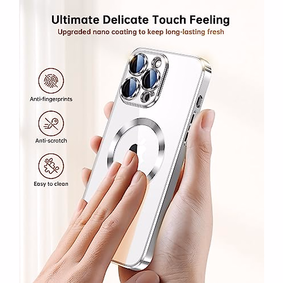 Waldeng for iPhone 13 Pro Max Case with Integrated Camera Lens Protection, [Seamless Work with Magsafe] [Metallic Glossy Soft Bumper], Diamond Clear Stylish Case for iPhone 13 Pro Max, Shiny Silver