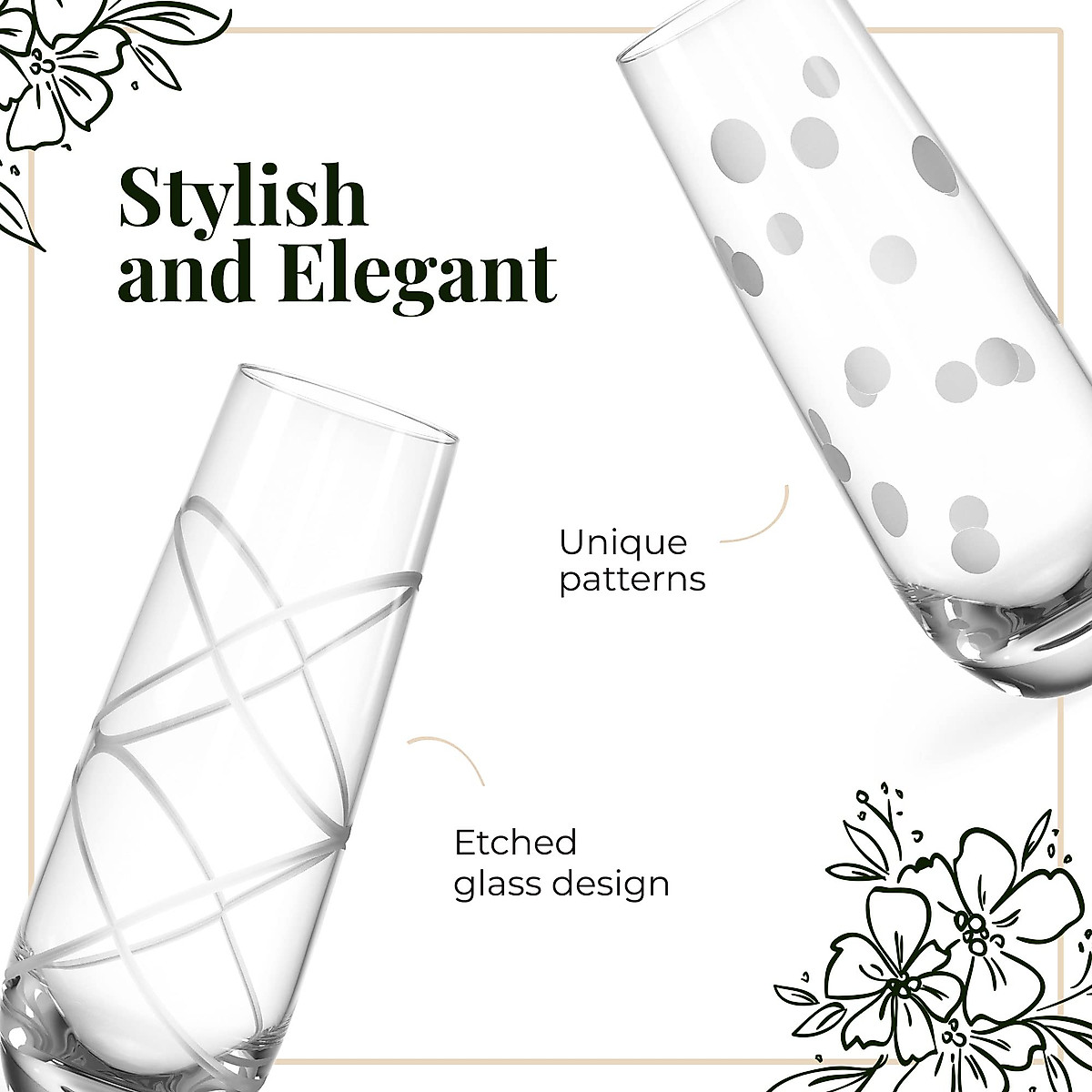 Fifth Avenue Crystal Medallion Stemless Champagne Flutes, Durable Glass, Mimosa, Cocktail Glasses Set, Prosecco Wine Flute, Bar Glassware, Toasting Wedding Glasses, Set of 6, Etched Patterns, 9.5oz