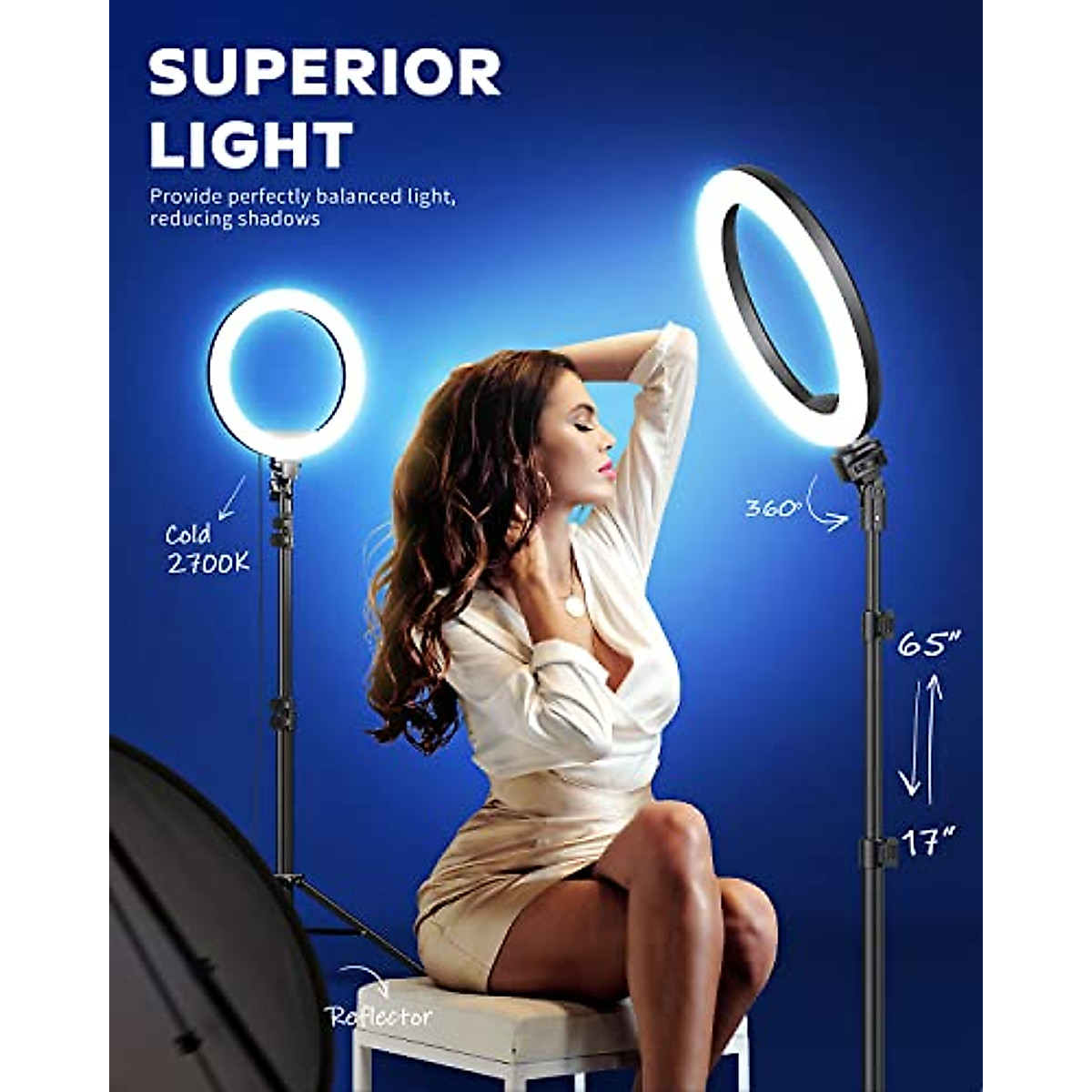 Kaiess 10.2" Selfie Ring Light with 65" Adjustable Tripod Stand & Phone Holder for Live Stream/Makeup, Upgraded Dimmable LED Ringlight for Tiktok/YouTube/Zoom Meeting/Photography