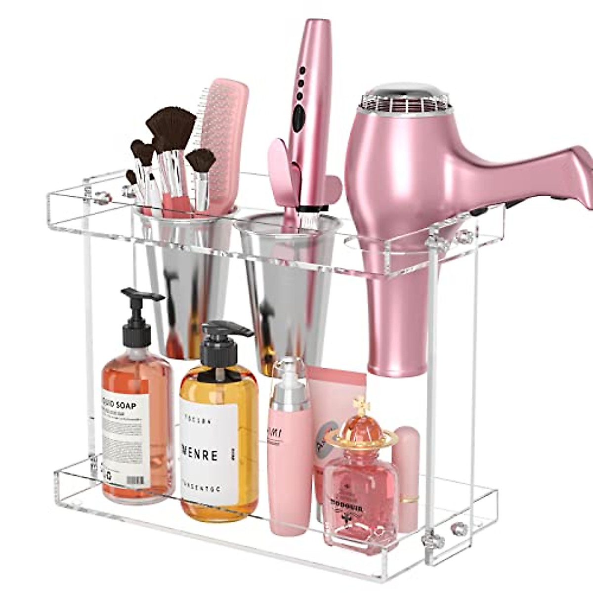 HIIMIEI Hair Tool Organizer, Clear Acrylic Blow Dryer and Curling Iron Holder, 2 Tier Bathroom Counter Storage, Vanity hairdryer Stand for Lotion Makeup Cosmetics Perfume Makeup Toiletries