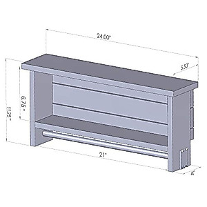 Bathroom Shelf with Towel Bar | Solid Wood | Wall Mount | Modern Farmhouse Decor | 12 x 24 Inch (Whitewash)