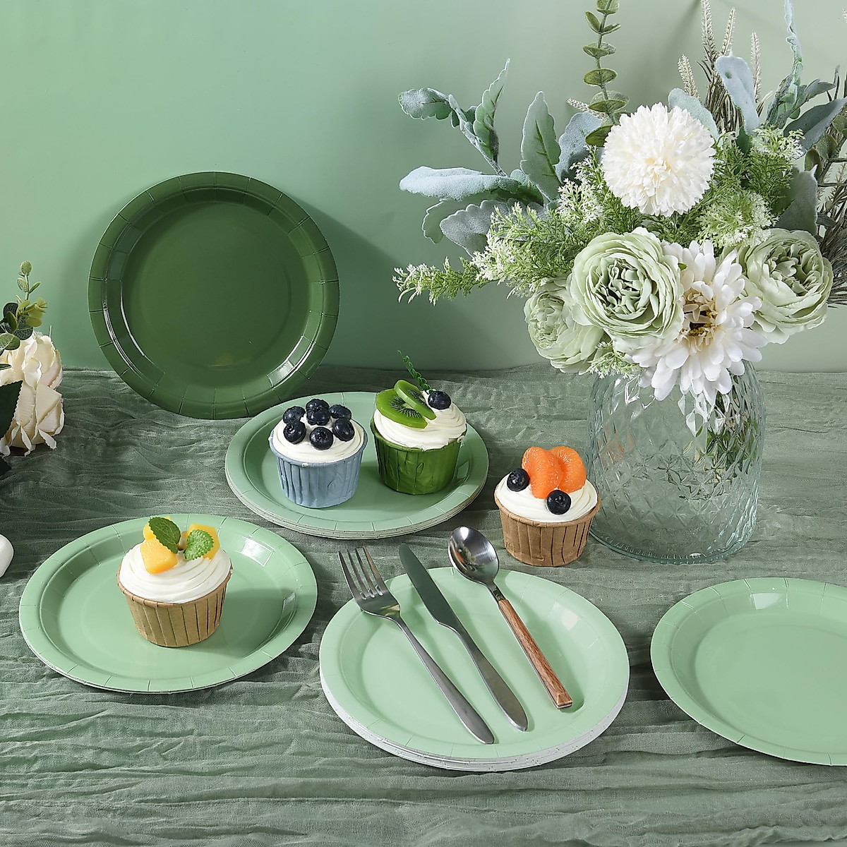 AimFun Sage Green Paper Plates Gradient Green Party Plates 7”Disposable Round Dessert Plates for Birthday Wedding Bridal Baby Shower Christmas Party Supplies 4 Colors (48, Sage Green)