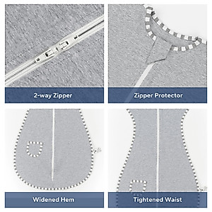 ZIGJOY Baby Transition Swaddle, 1.0 TOG Snug Fit Baby Swaddle with 2-Way Zipper, 100% Cotton Sleep Sack 3-6 Months, Gentle Gray