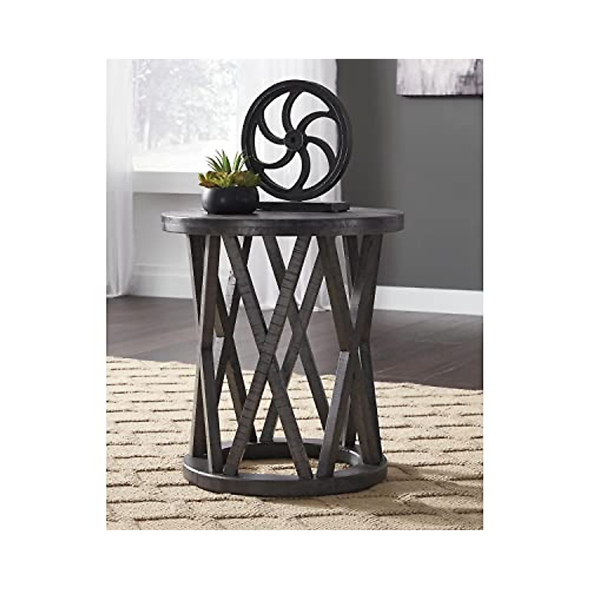Signature Design by Ashley Sharzane Rustic Round End Table Made of Solid Pine Wood, Gray with Weathered Finish