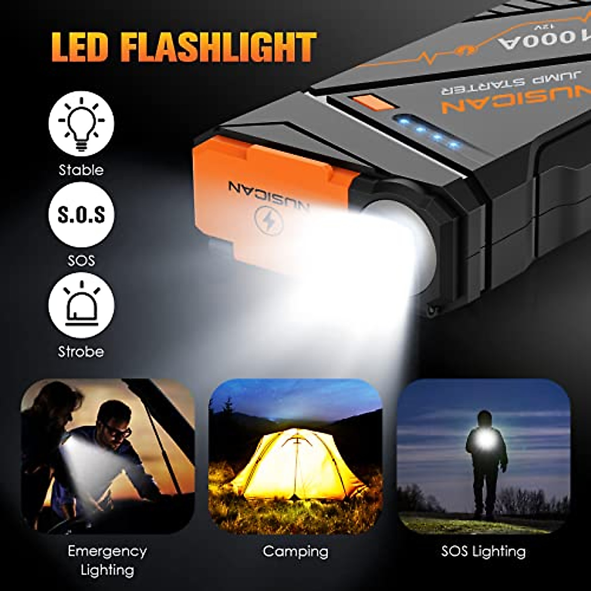 NUSICAN Car Jump Starter Portable, 1000A Peak Battery Charger Jumper Starter for up to 7L Gas or 5.5L Diesel Engine, 12V 12800mAh Lithium Battery Booster Jump Box with Smart Clamp Cables, LED Light