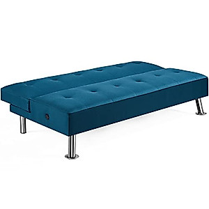 Topeakmart Fabric Futon Sofa, Convertible Futon Bed, Folding Couch, Sectional Sleeper Sofa for Small Space with USB Ports, Folding Sofa for Compact Living Space, Apartment, Office, Living Room Blue