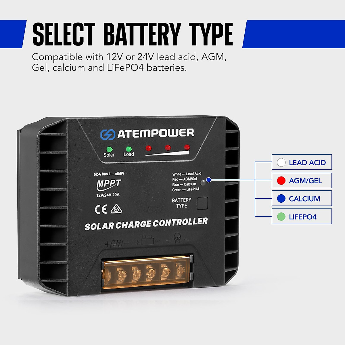 ATEM POWER 20A 12V/24V MPPT Solar Controller Selecting Battery Type Activate Lithium Battery Intelligent Solar Controller Compatible with Lead Acid, AGM, Gel, Calcium and LiFePO4 Battery