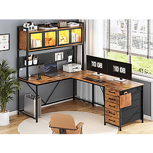 SEDETA L Shaped Gaming Desk with Drawers, L Shaped Computer Desk with Hutch and Storage Shelves, Gaming Desk with Pegboard, Led Lights, and Power Outlet, Home Office Desk, Corner Desk, Rustic Brown