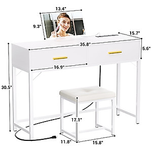 Girapow Vanity Desk with Power Outlets and Lights, 36'' Makeup Vanity with Tri Fold Lighted Mirror, White Vanity Set with Drawers, Vanity Table with Cushion Stool, Small Makeup Table for Bedroom,White