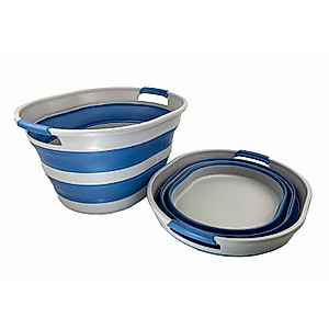 SAMMART 23L (6 Gallons) Collapsible Plastic Laundry Basket - Oval Tub - Foldable Storage Container/Organizer -Portable Washing Tub -Space Saving Laundry Hamper (Grey/Mist Blue (Set of 2))