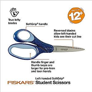Fiskars 7" SoftGrip Left-Handed Student Glitter Scissors for Kids 12+ - Left-Handed Scissors for School or Crafting - Back to School Supplies - Blue