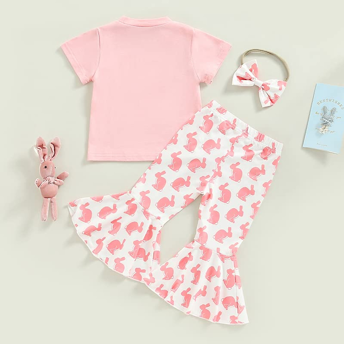 YINGISFITM Baby Girl Easter Outfit Bunny Print Short Sleeve Tee Tshirt Pants Toddler Bell Bottoms Summer Clothes 2Pcs Set (1-2T,Pink Rabbit)