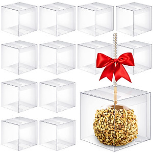 Juexica 100 Pcs Clear Caramel Apple Boxes with Hole Transparent Candy Apple Boxes PET Gift Boxes for Chocolate Wedding Ornaments Boxes, 4x4x4 Inch
