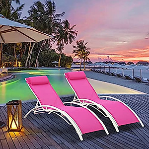 HYD-Parts 2-Pack Outdoor Chaise Lounge Chair with Headrest, Patio Lawn Chairs All Weather Lounger Set Five Levels Adjustable (Pink)