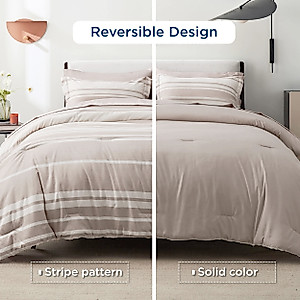 Bedsure Full Comforter Set 7 Pieces, Light Camel Striped Bedding Set for Full Size Bed Reversible, Cationic Dyeing Bed in a Bag with Comforter, Sheets, Pillowcases & Shams