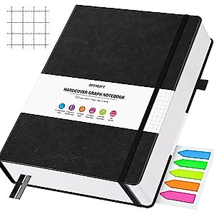 OFFIGIFT Graph Paper Notebook, 312 Numbered Pages Large A5 Hardcover Leather Journal, 100gsm No Bleed Grid Paper Notebook with Index Pages, Grid Notebook for Graphing Notes Math, 5.75" x 8.38", Black