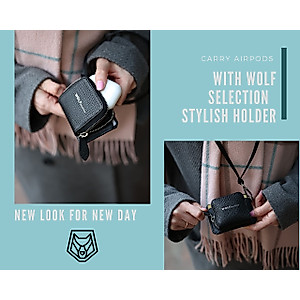 WOLFselection Mini Airpods Pouch - Genuine Leather Credit Card Holder with Zipper Case for AirPods Galaxy Buds Earphones - Mens Womens Wallets with Leather Lanyards for Neck and Wrist